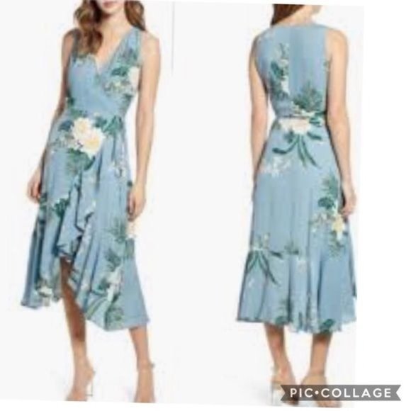 Leith | Dresses | Leith Blue Floral Ruffle Wrap Midi Dress Size Medium ...